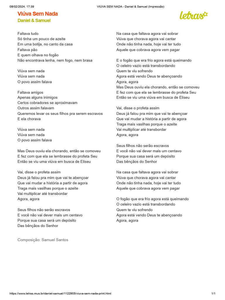 VIÚVA SEM NADA - Daniel & Samuel (Impressão) | PDF | Samuel | Daniel ...