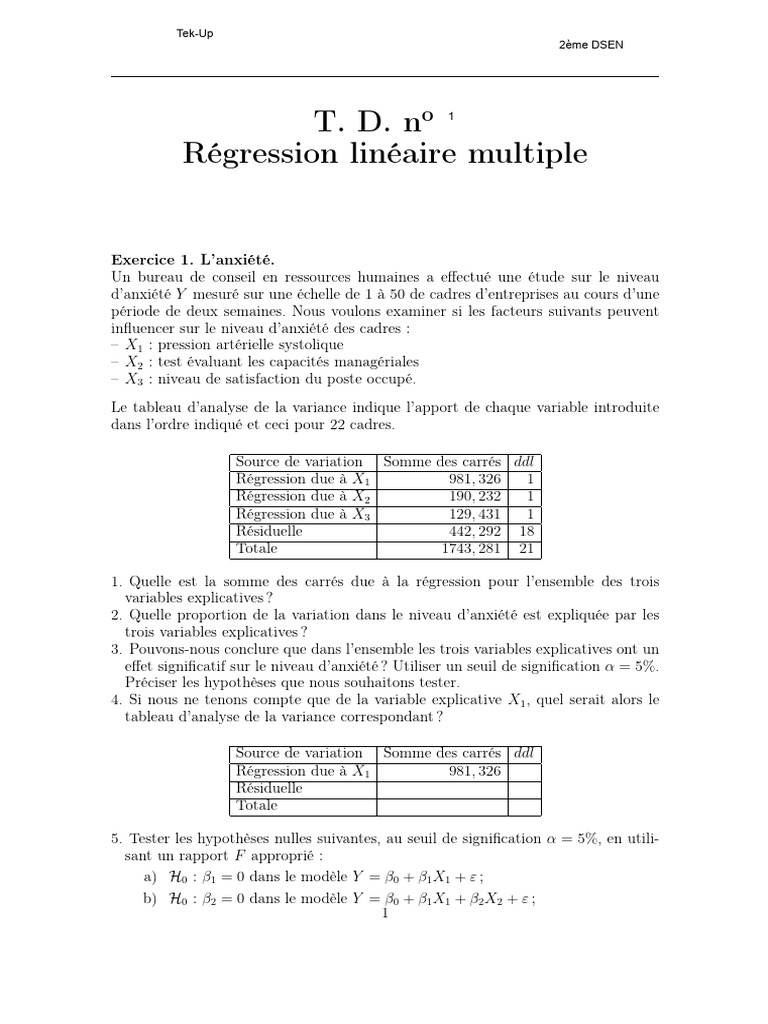 TD2 Regression Multiple | PDF | Régression linéaire | Analyse de régression