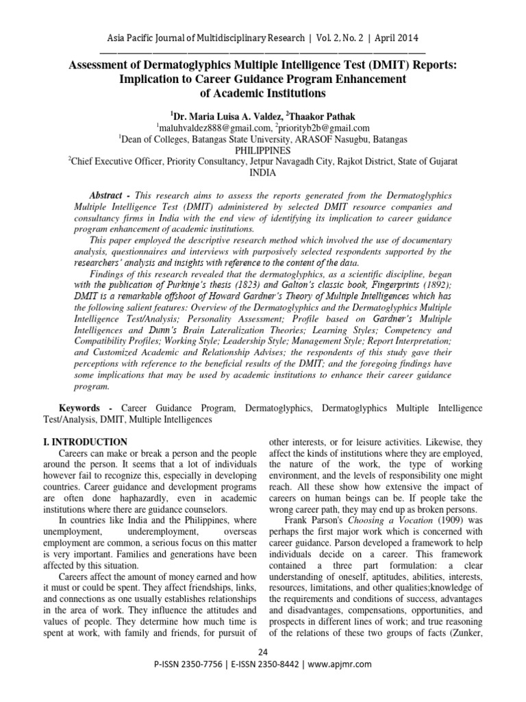 Assessment of Dermatoglyphics Multiple I | PDF | School Counselor ...