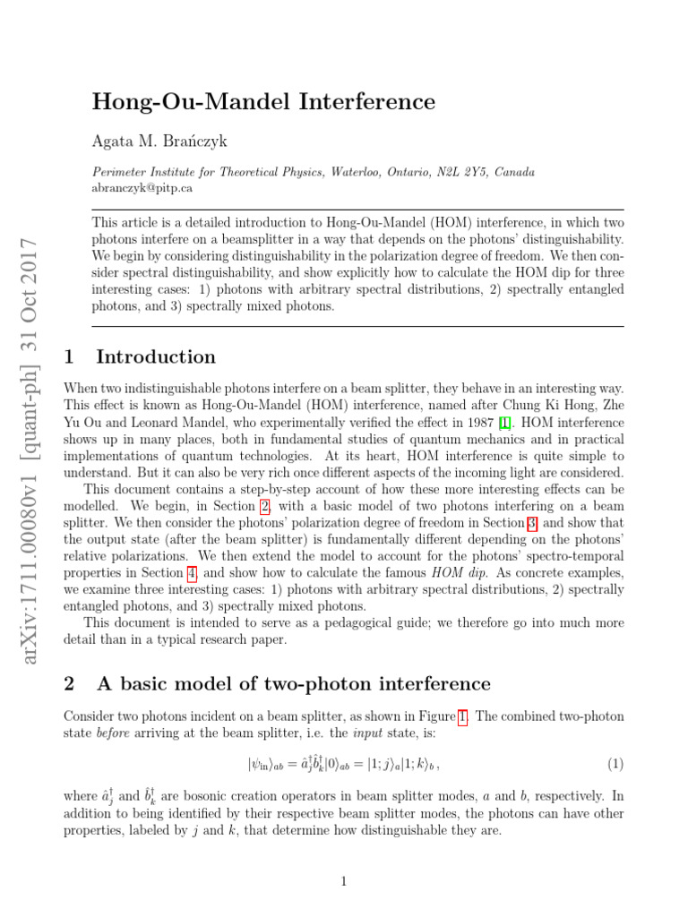 Hong-Ou-Mandel Interference | PDF | Optics | Applied And Interdisciplinary Physics