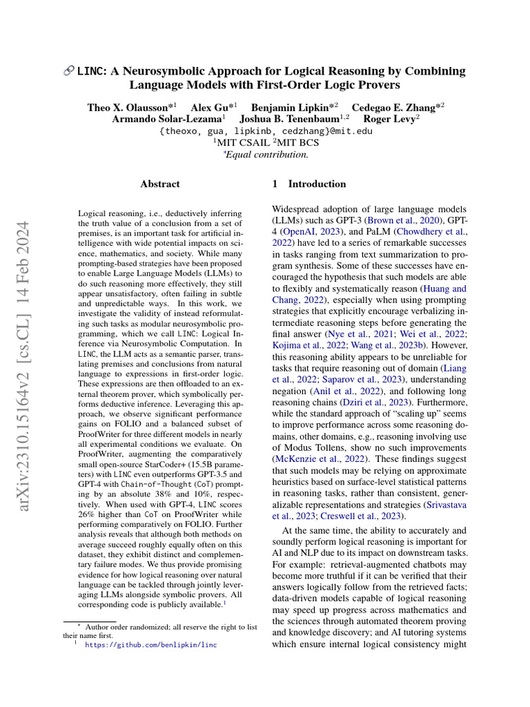 LINC - A Neurosymbolic Approach For Logical Reasoning by Combining Language Models With First ...