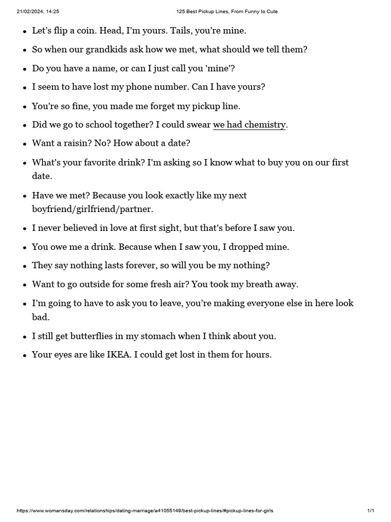 125 Best Pickup Lines, From Funny To Cute | PDF
