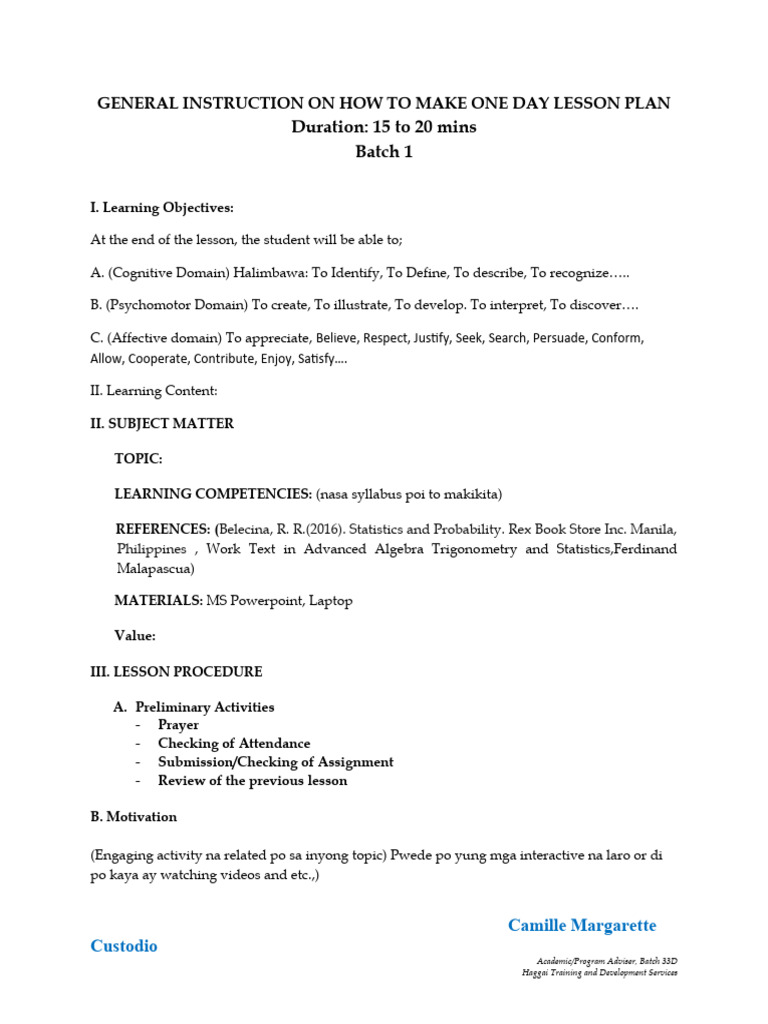 General Instruction On How To Make One Day Lesson Plan | PDF ...
