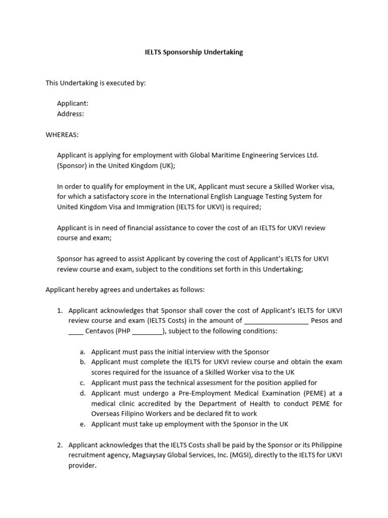 IELTS Sponsorship Undertaking | PDF | International English Language ...