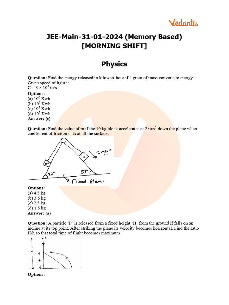JEE Main 2024 (January 31 Shift 1) Physics Question Paper With ...