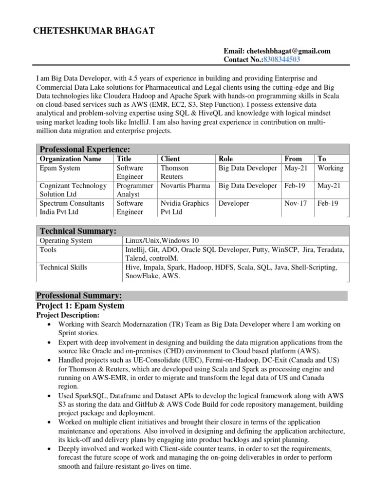 Big Data Developer Resume Summary | PDF | Apache Spark | Amazon Web Services