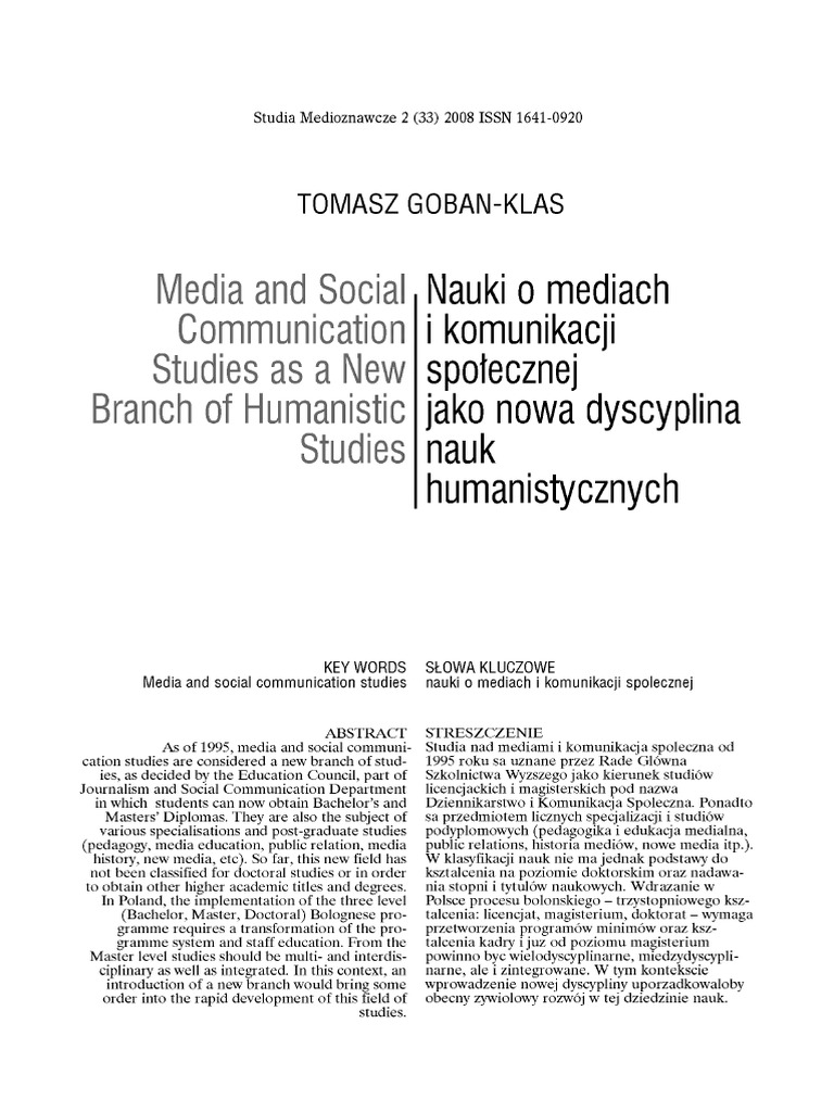 Goban-Klas Nauki o Mediach I Komunikacji Spolecznej 2008 | PDF