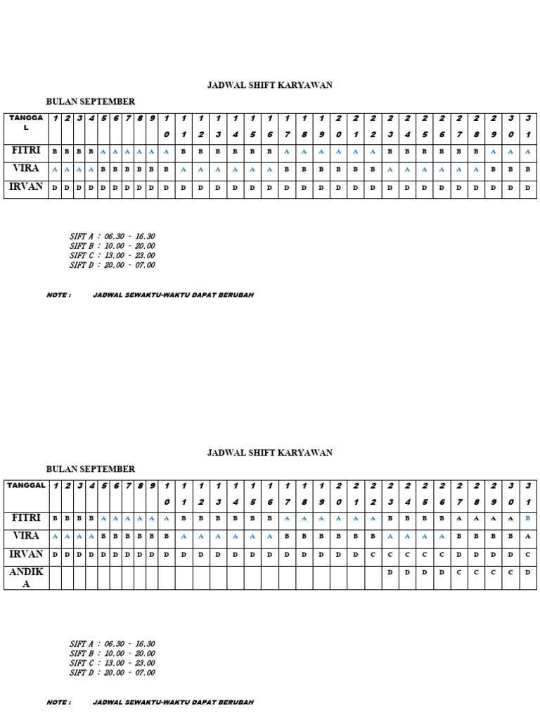 Jadwal Shift Karyawan Pdf