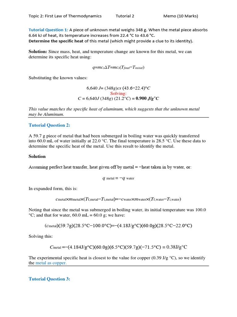 Tutorial 2 Memo | PDF | Enthalpy | Heat