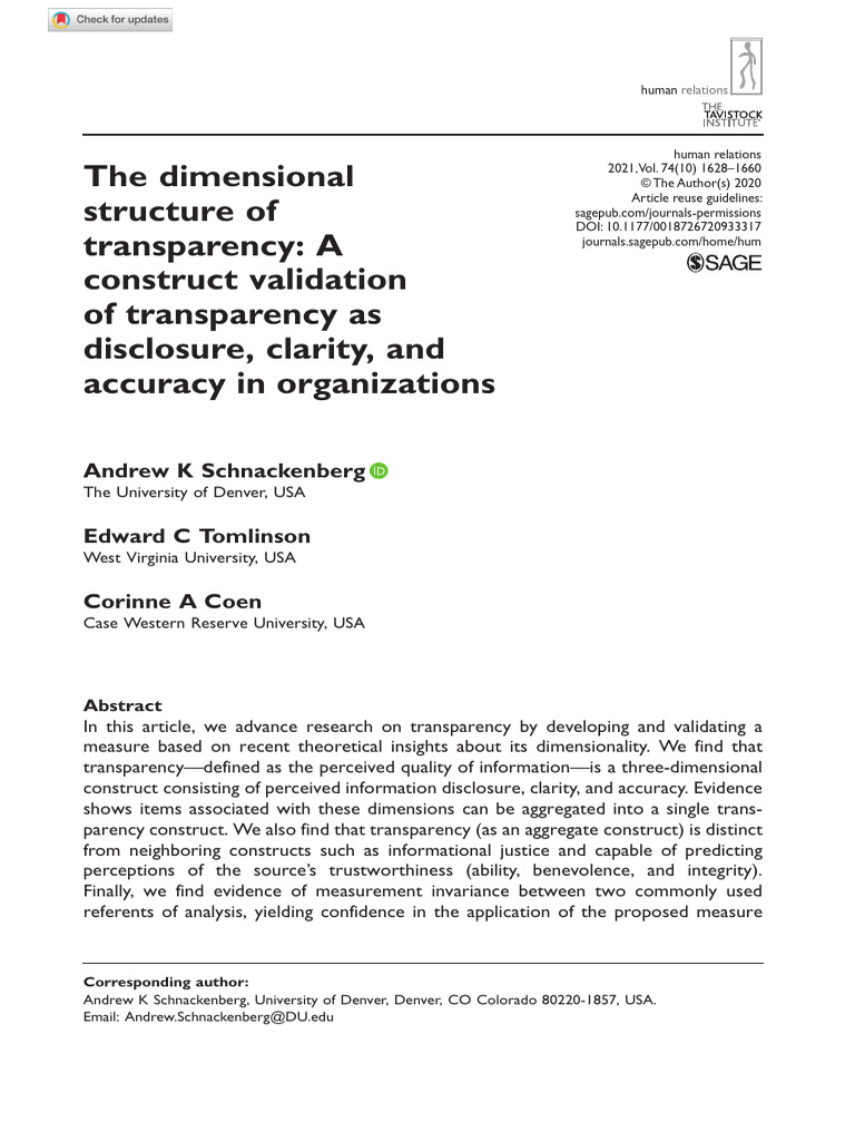 Schnackenberg Et Al 2020 The Dimensional Structure of Transparency A Construct Validation of ...
