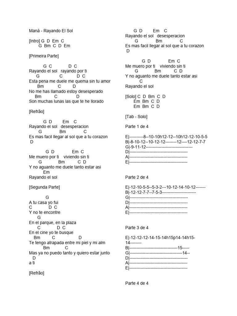 Maná - Rayando El Sol - Acordes en Guitarra | PDF