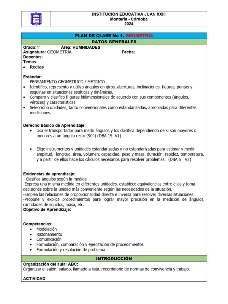 Formato Plan de Clase, 2024. Geometria Tema 1 | PDF | Geometría | Ángulo