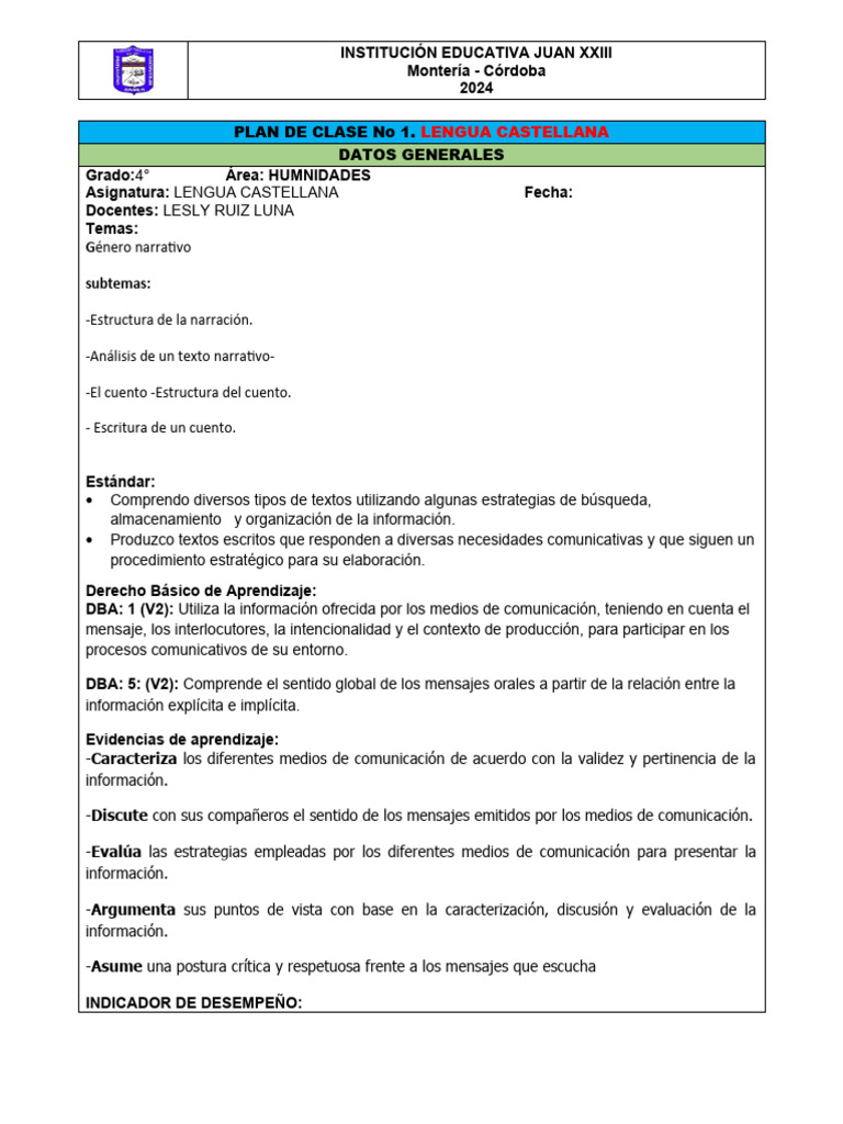 Formato Plan de Clase, 2024. LENGUAJE GRADO 5 | PDF