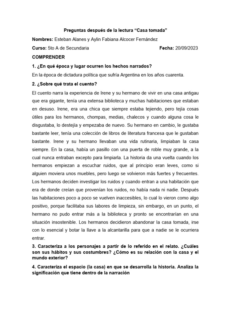 Preguntas sobre "Casa tomada" | PDF | Cuentos | Novelas
