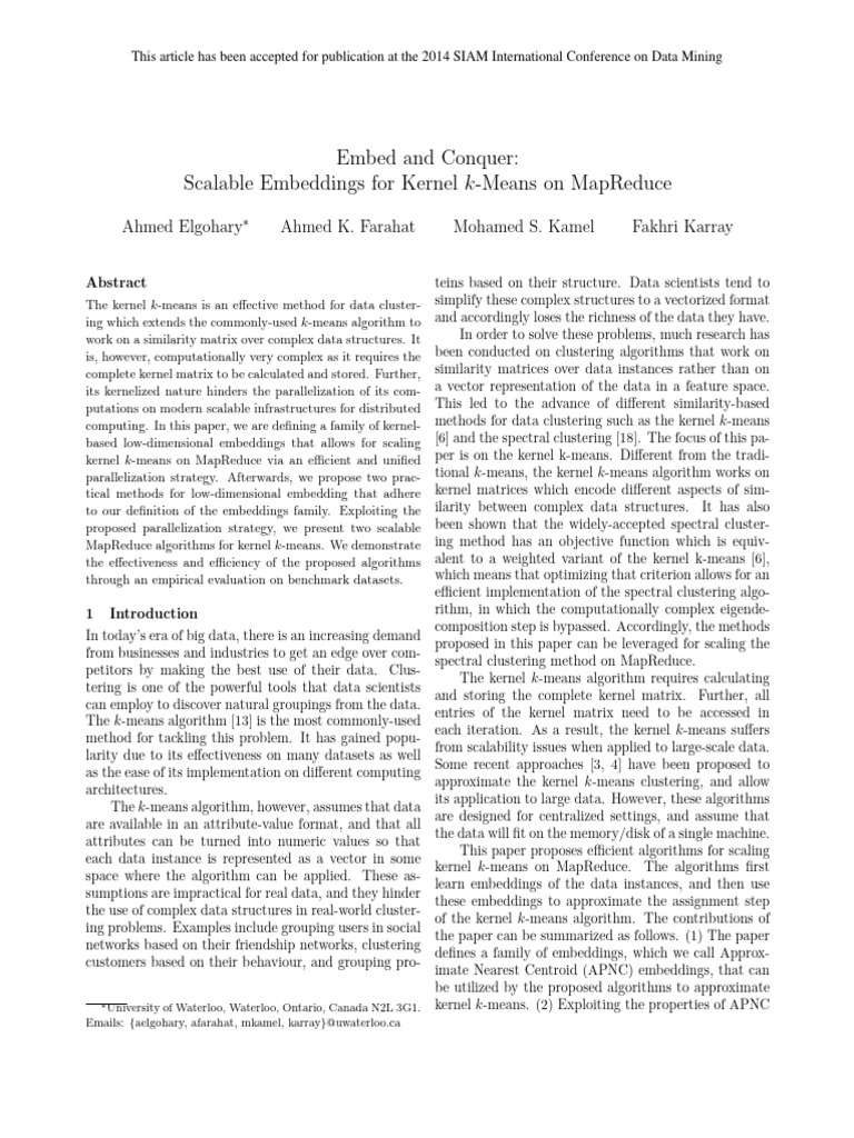 Embed and Conquer: Scalable Embeddings For Kernel K-Means On Mapreduce | Download Free PDF ...