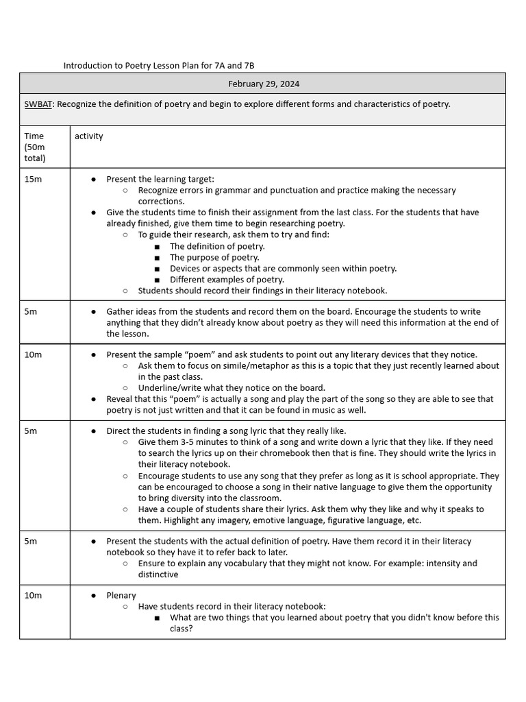 Lesson Plan Introduction To Poetry 1 | PDF