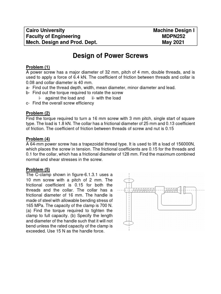Power Screw Sheet | PDF | Screw | Force