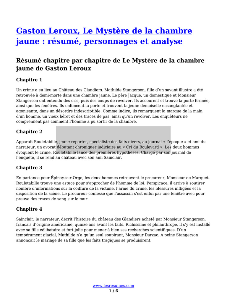 Gaston Leroux Le Mystere de La Chambre Jaune Resume Personnages Et ...