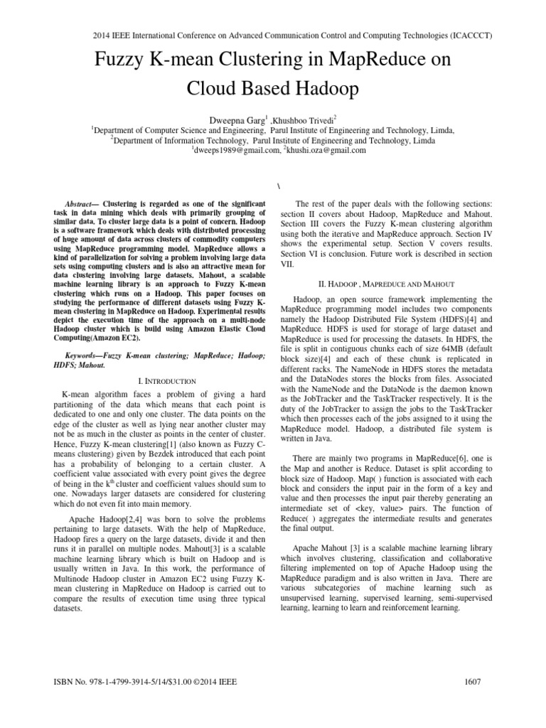 Fuzzy K Mean Clustering In Mapreduce On Cloud Based Hadoop Dweepna Garg Pdf Apache Hadoop