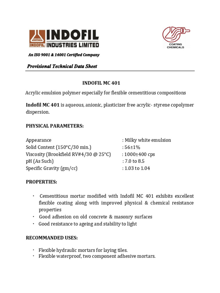 Indofil Waterproofing Emulsion Indofil MC 401 | PDF