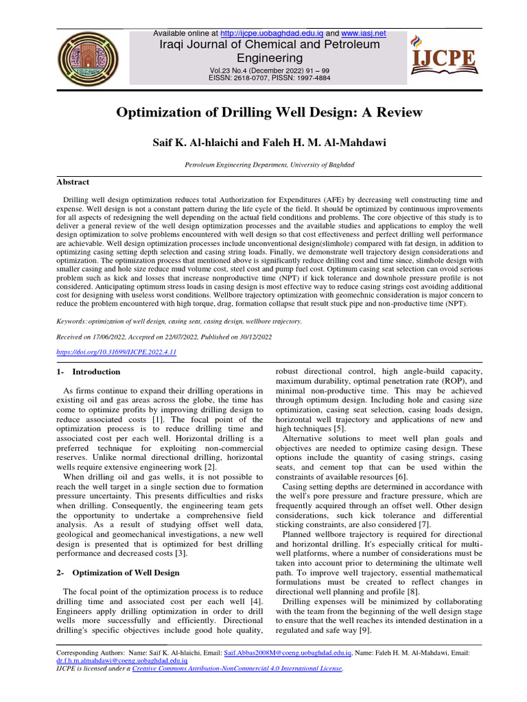 Optimization Of Drilling Well Design A Review Pdf Casing Borehole
