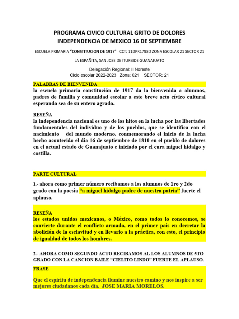 Programa Civico Cultural Grito de Dolores Independencia de Mexico 16 de ...