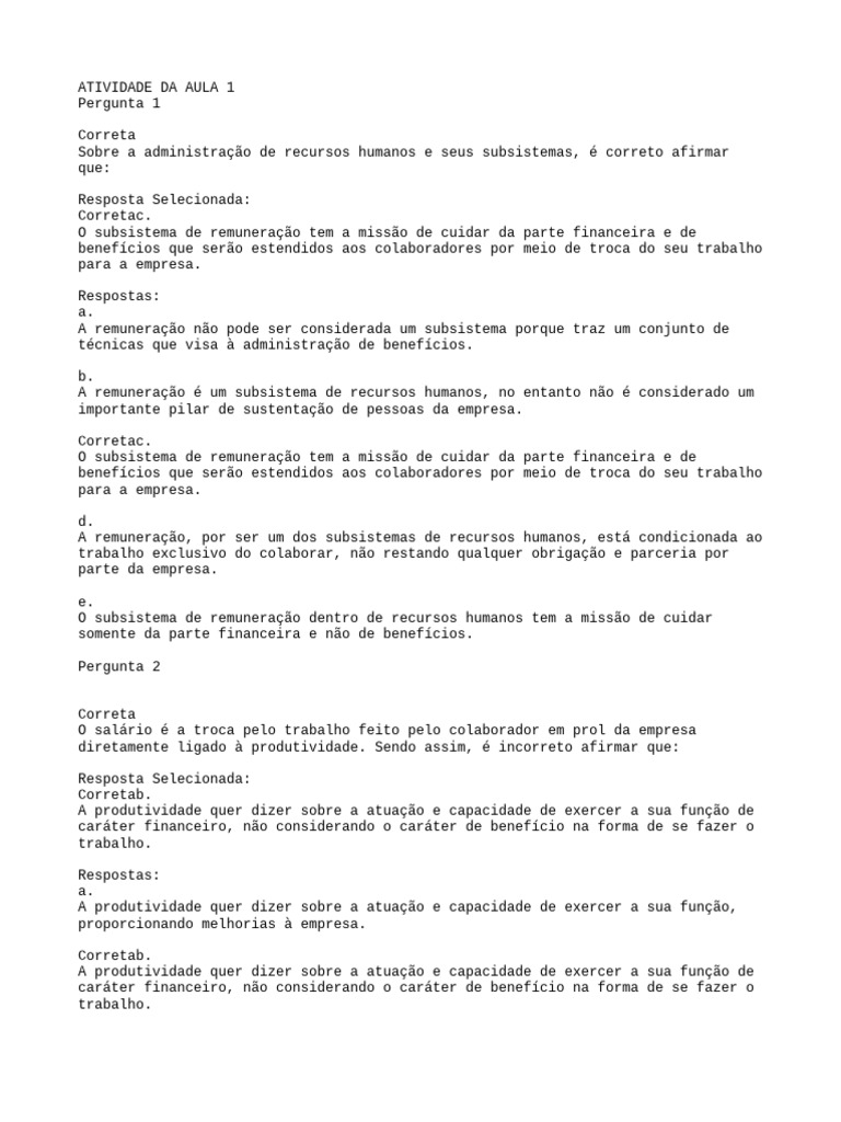 Atividade Da Aula 1 Com Resposta | PDF