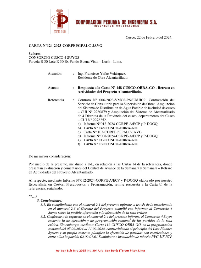 200.0 Carta #124-CORPEI-GPALC-JAVG-Respuesta A La Carta #148 CUSCO-OBRA ...