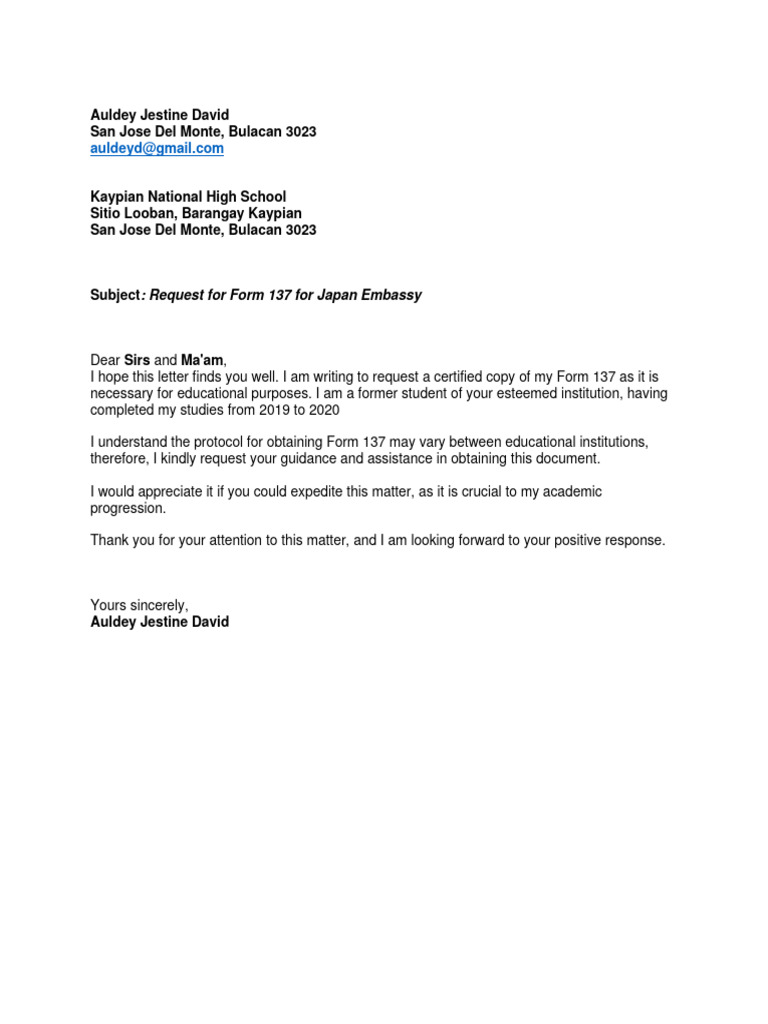 Letter Request For Form 137 | PDF