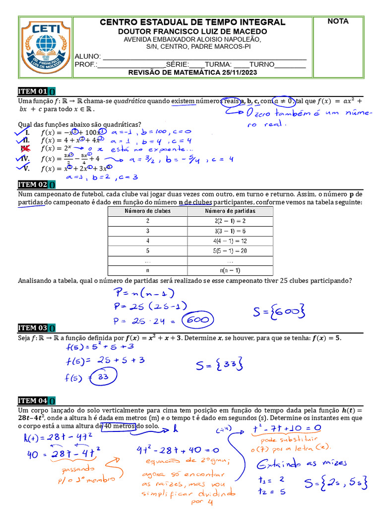 SOLUÇÃO 1º's ANOS - FUNÇÃO QUADRÁTICA | PDF | Métodos e Materiais de Ensino