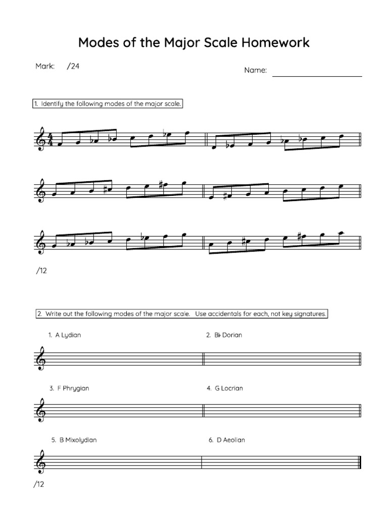 Modes of The Major Scale Homework | PDF