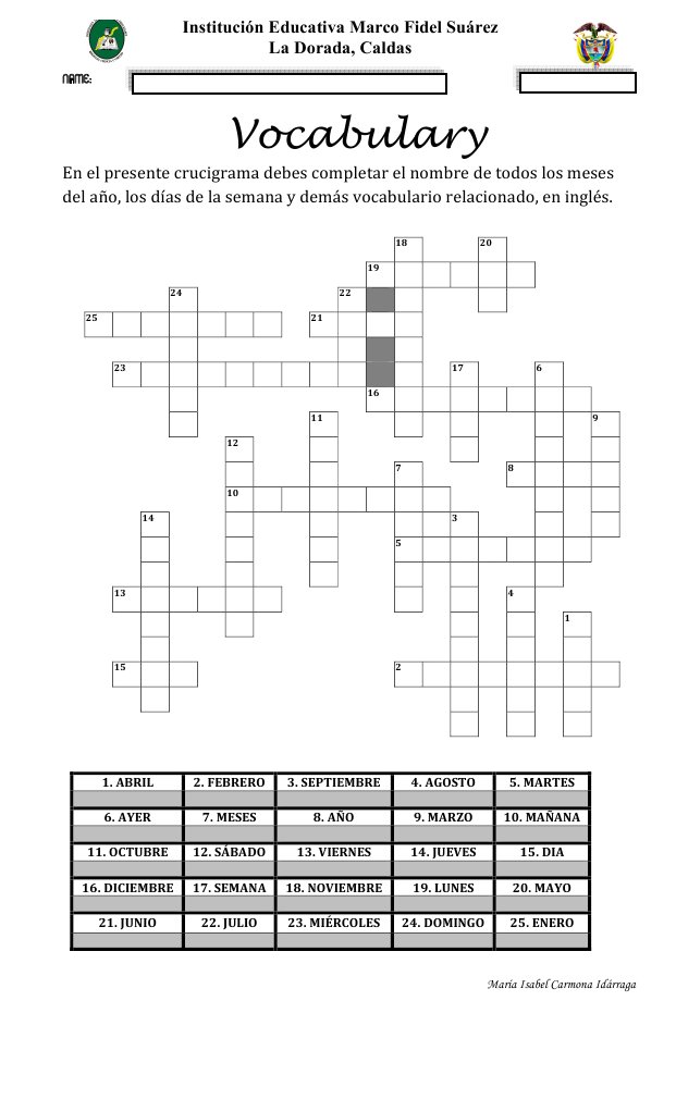 Crucigrama De Los Meses Del Año Plantillas De Crucigramas Para Editar