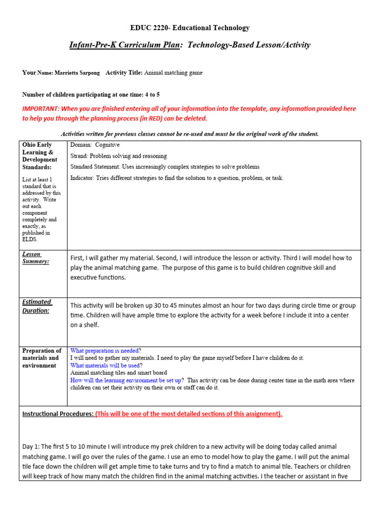 Marietta Sarpong ECDE Activity Plan | PDF | Educational Technology ...