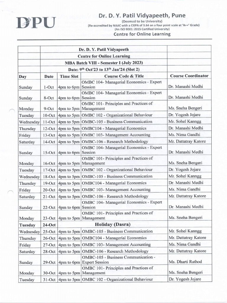 SEM-1 Timetable | PDF