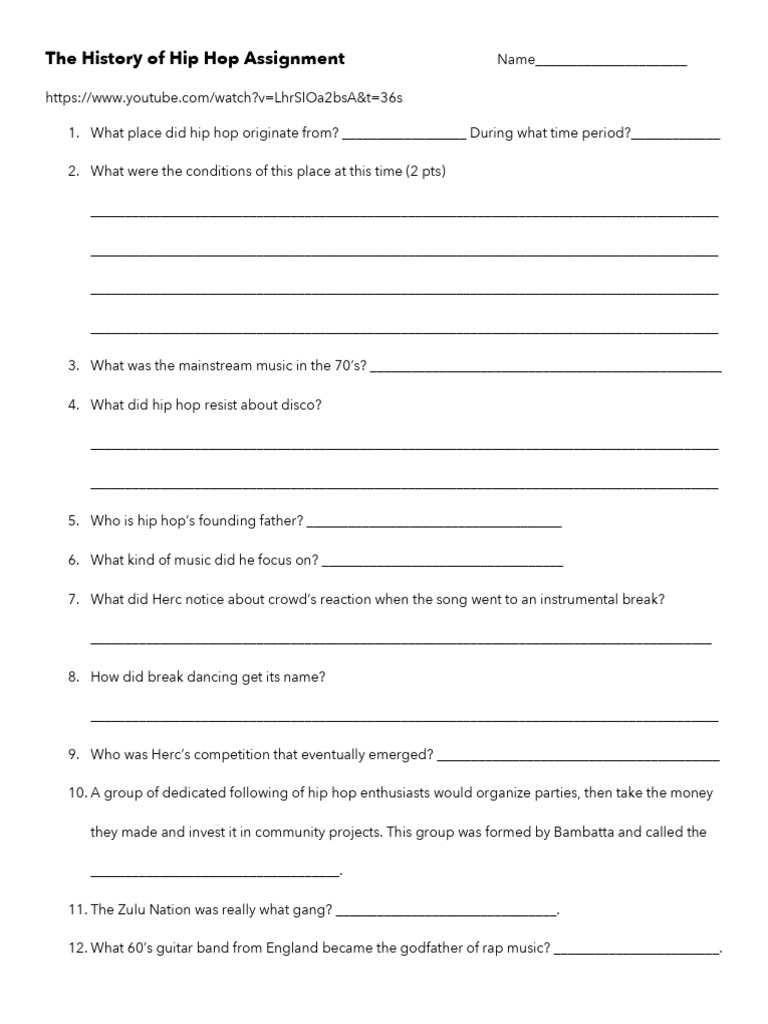 HistoryofHipHopWorksheet 1 | PDF | Hip Hop Music | Urban Street Dance ...