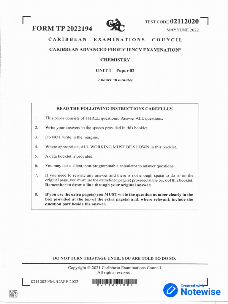 CAPE Chemistry 2022 U1 P2 Sol | PDF