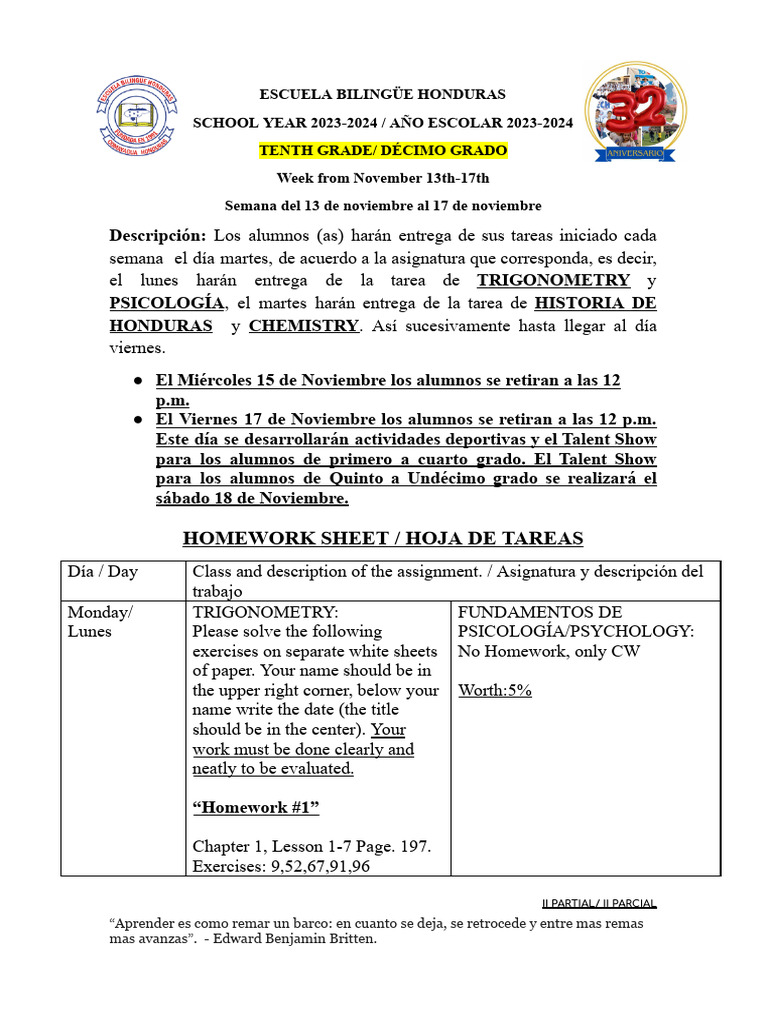 Decimo Grado Hoja de Tareas#2 (II PARCIAL) - Tenth Grade Hoja de Tareas#2 (II PARTIAL) 2023-2024 ...