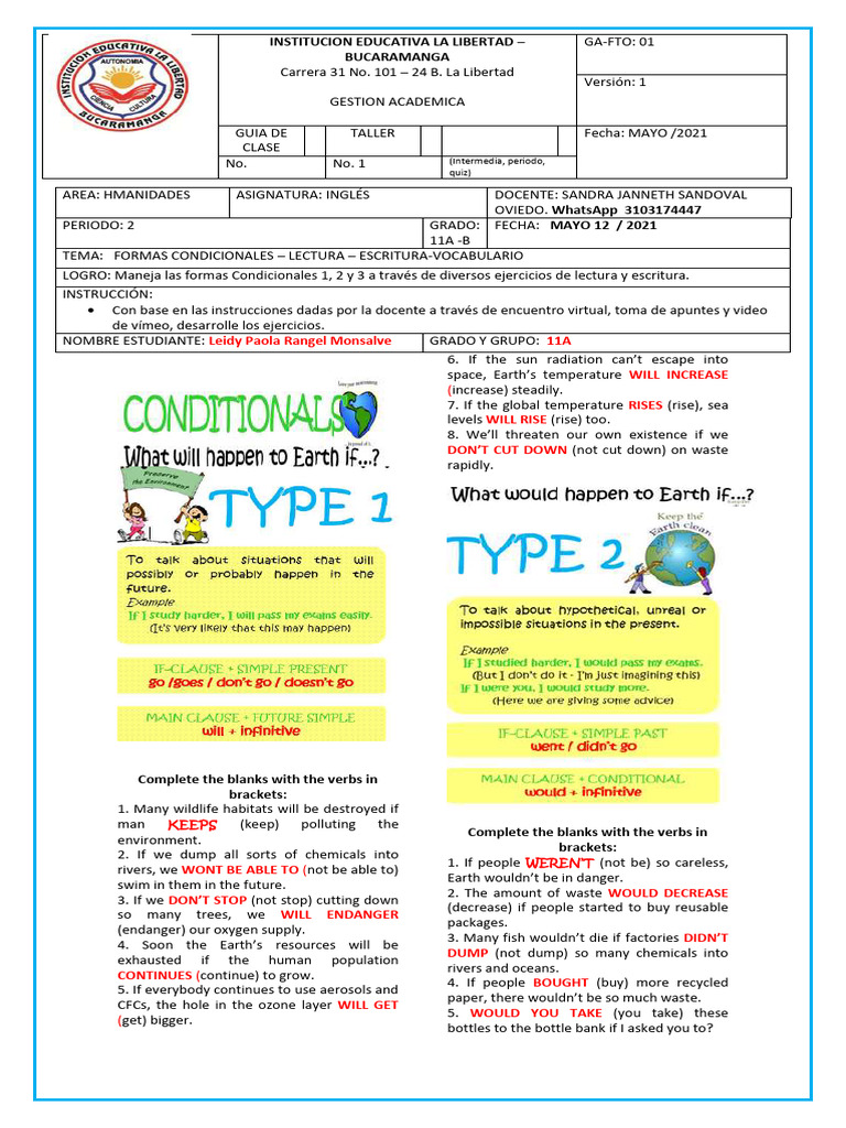 Taller 1 Conditional Forms - Reading - Writing1 Leidy11a | PDF | Ozone ...