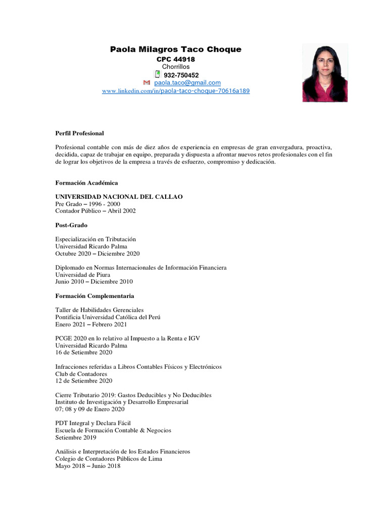 CV - Paola M - Taco Choque | PDF | Contabilidad | Contador
