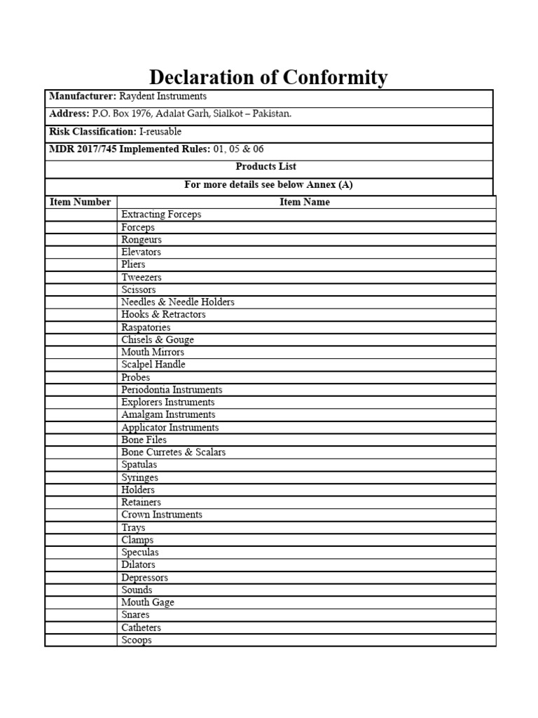 Raydent - Declaration of conformity | PDF | Tools | Medical Equipment