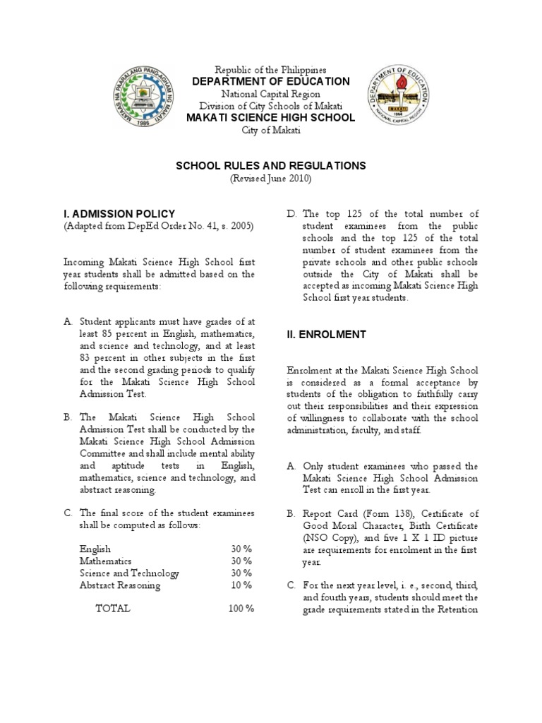 Makati Science High School Rules and Regulations: Promoting Student ...