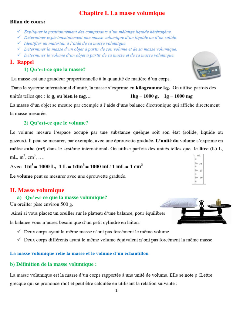 Masse Volumique : Définition et Calculs | PDF | Densité | Kilogramme