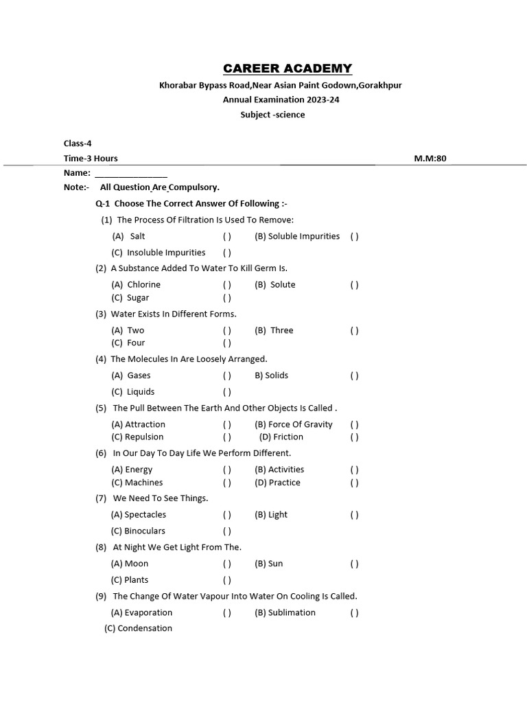 Class 4 Science Exam Paper 2023-24 | PDF