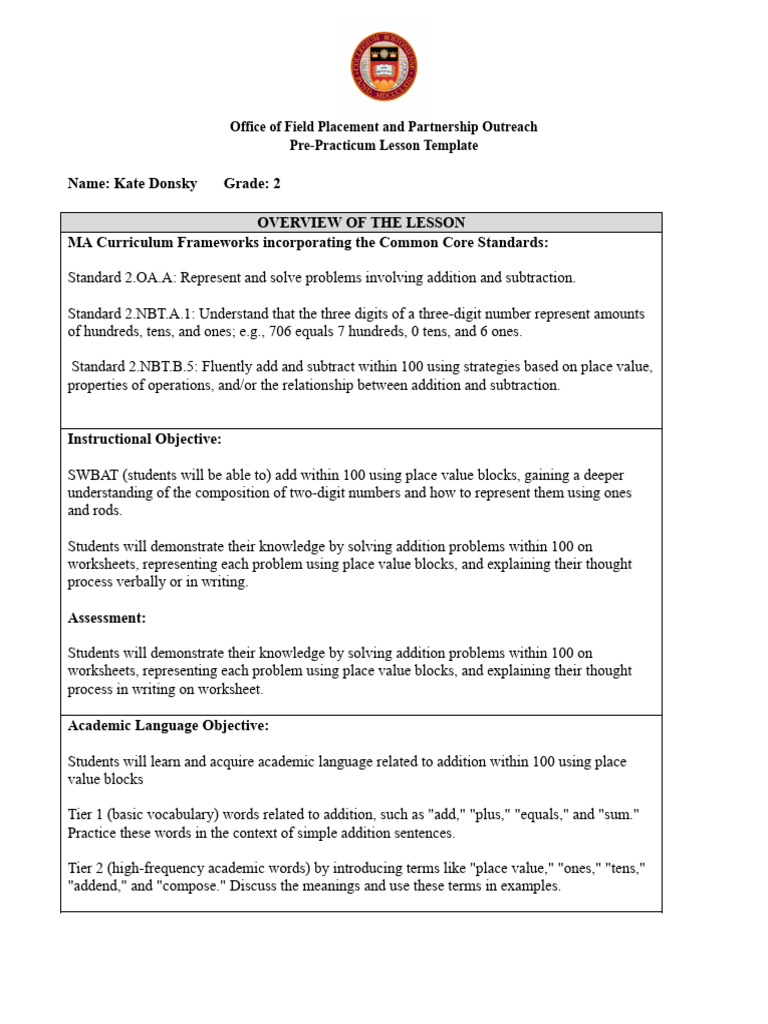 Adding Within 20 With Place Value Blocks Lesson Plan 1 | PDF | Language ...