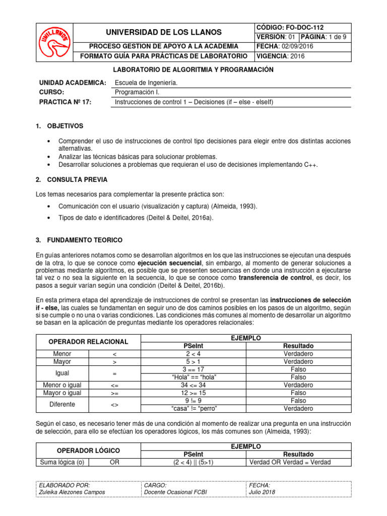 17 - Fo-Doc-112 Control Tipo Selección (If-Else-Elseif-Switch) | PDF ...