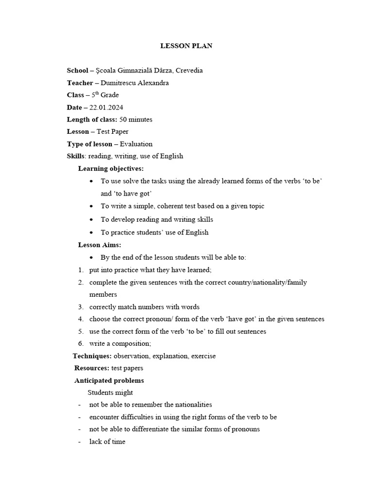 LESSON PLAN Test Cls 5 | PDF