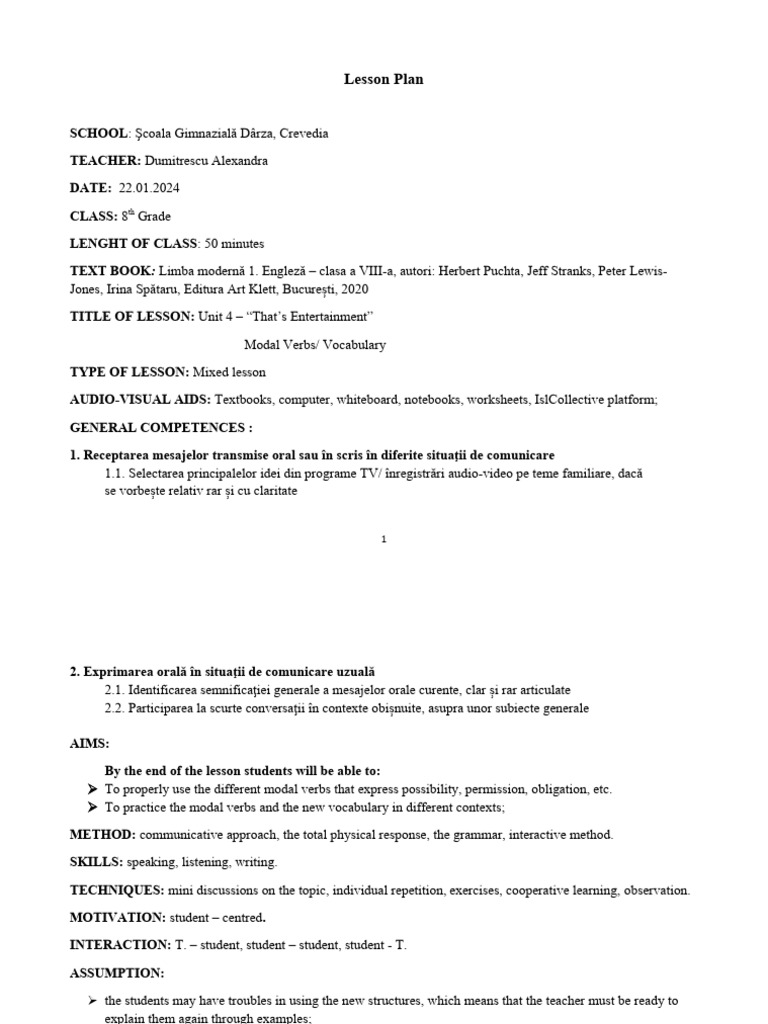 Lesson Plan - Mixed Lesson - a-VIII-a | PDF | Human Communication | Learning