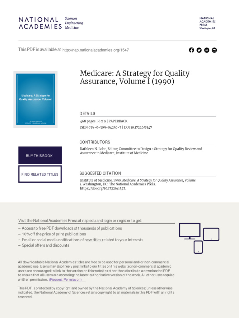 Institute of Medicine. 1990. Medicare A Strategy For Quality Assurance ...