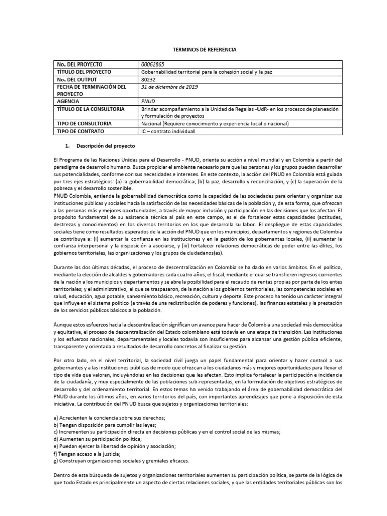 Terminos de Referencia y CG Del Pnud para Ic | PDF