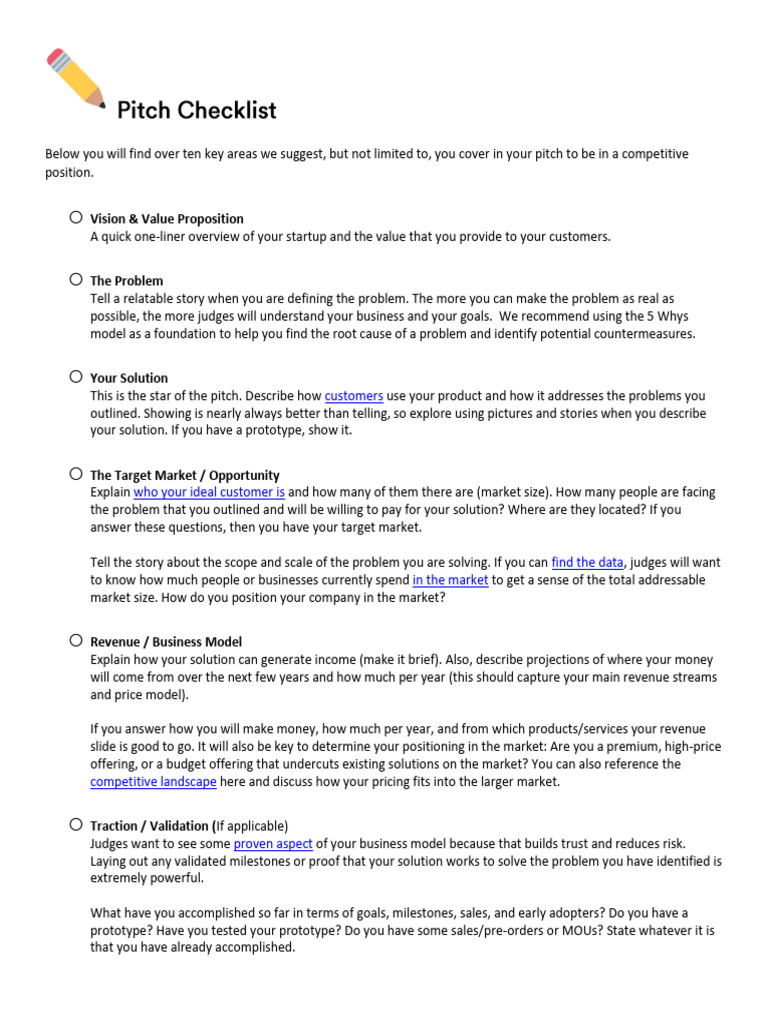 Pitch Checklist | PDF | Target Audience | Business Model